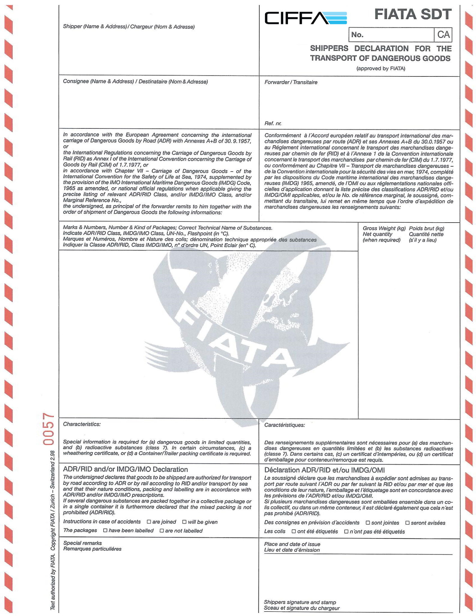 Sdt 50pk Shippers Declaration Of The Transport Of Dangerous Goods Ciffa 